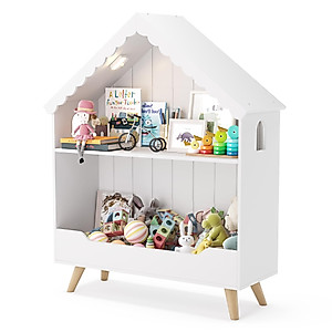 Curipeer Kids Dollhouse Bookshelf, Wooden Bookcase Storage with Motion-Activated Light, 2-Tier Open Display Organizer for Toys and Books, Baby Bookshelf for Birthday, Christmas, White