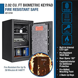 Barska Advanced Digital Biometric Fingerprint & Keypad Code Security Fireproof Safe - 2.02 Cu Ft with LED Light & Alarm