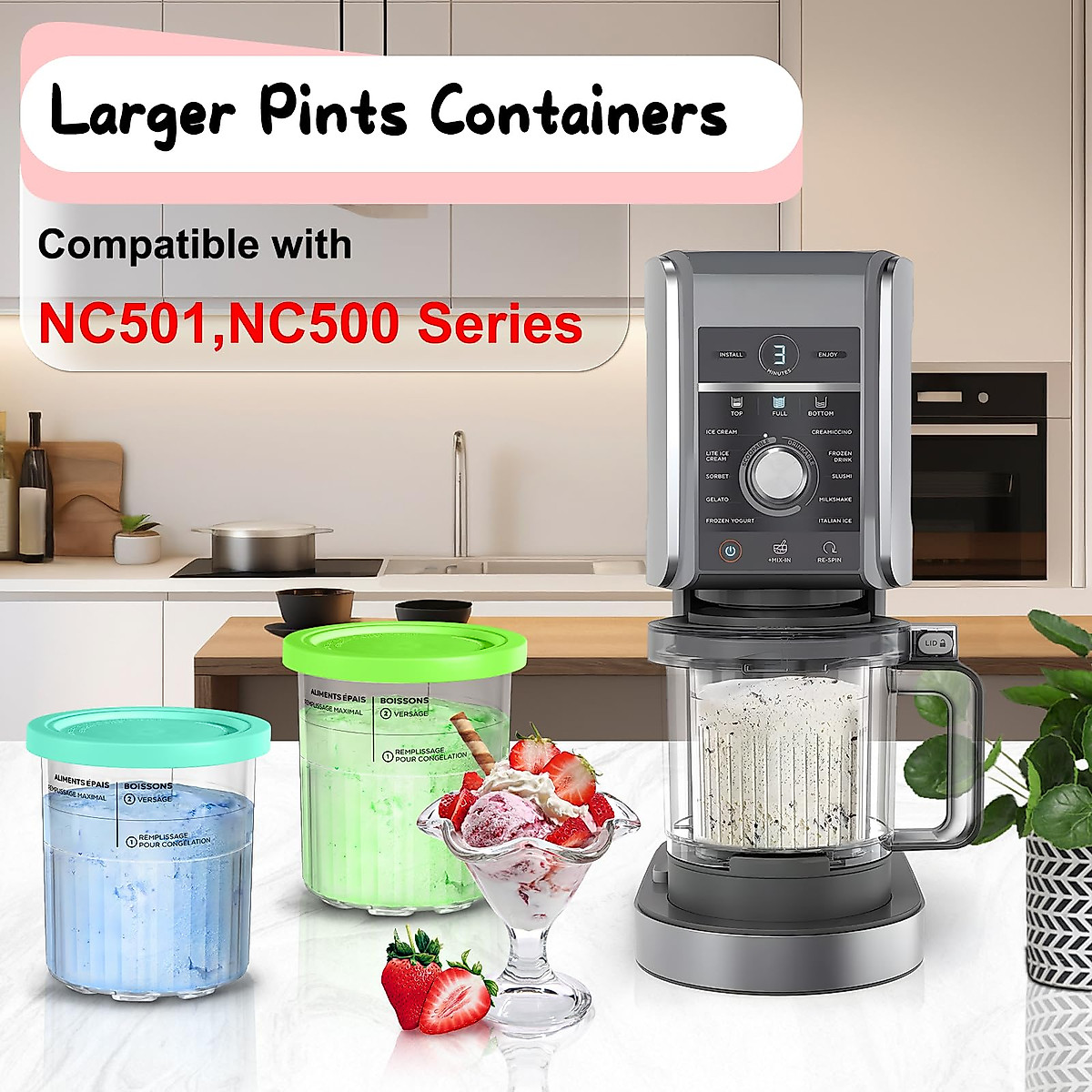 Containers Replacement for Ninja Creami Pints and Lids, 16oz Ice Cream Cups Compatible with Ninja Creami NC500 NC501 Series Ice Cream Maker, for Creami Ninja Ice Cream with Insulated Sleeves(2 Pack)