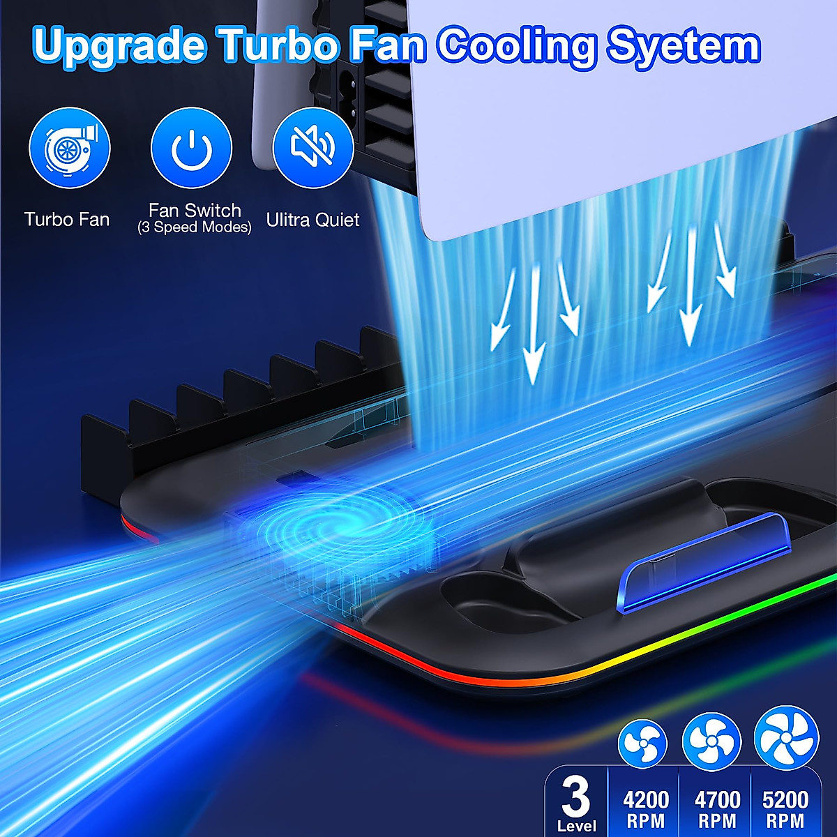 PS5 Slim Stand Cooling Station for Playstation 5 Slim Console Disc/Digital,PS5 Accessories Cooling Stand with 3-Level Cooler Fan,Dual PS5 Controller Charger,RGB Light,Headset Holder,15 Game Slot-Black