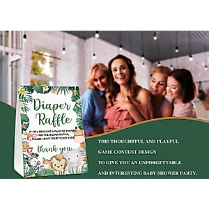 Diaper Raffle Baby Shower Game Set(1 Standing Sign + 50 Guessing Cards), Safari Diaper Raffle Tickets for Baby Shower, Jungle Baby Shower Party Favor Decor - A03