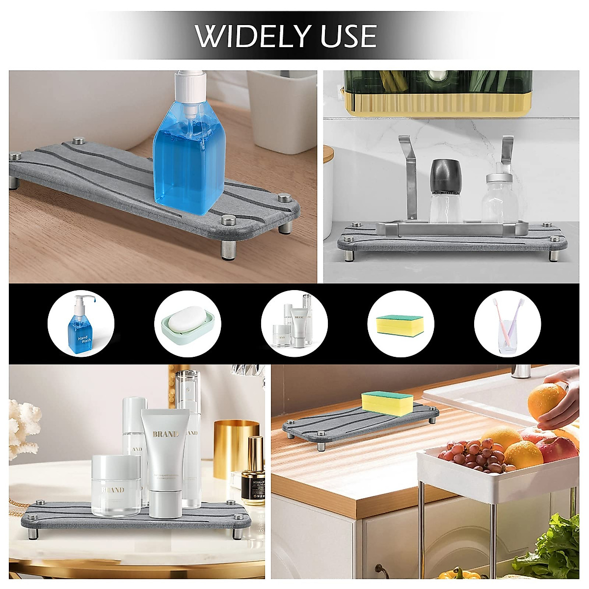 2 Pack Instant Dry Sink Organizer for Bathroom & Kitchen,Spaceaid，Diatomaceous Pedestal Stand Riser with Stainless Steel Feet Protection, counter caddy(Grey)