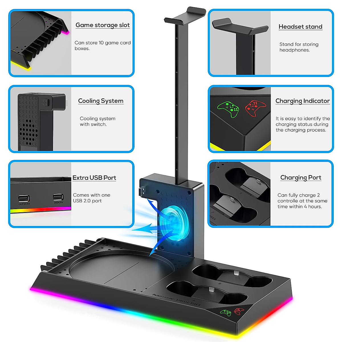 Upgrade Stand for Xbox Series X with Back Cooling Fan& RGB Lights, Charging Station with Controller Charger Dock &Game Storage Rack Organizer& Headset Stand with 2X1400 mAh Rechargeable Battery Pack