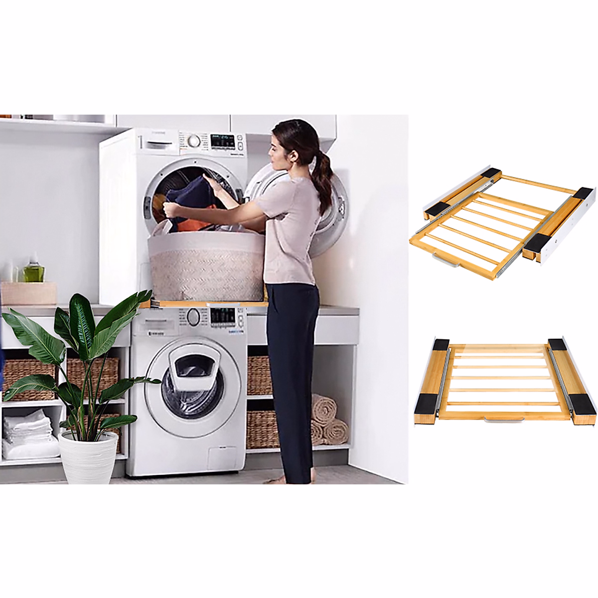 HHXRISE 24 inch Stacking Kit for Washer and Dryer, Saving Space and fixed connection frame for washing and drying machines,with pull-out laundry basket, including ratchet rope.