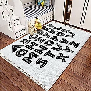 DGAIER Boho Rug Scandinavian Black White Alphabet Font is Scandinavian Style Simple Area Woven Rug with Tassels Patio Mat