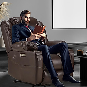 Kasunpul Large Power Lift Recliner Chair with Massage and Heat for Elderly, Overstuffed Wide Recliners, Genuine Leather with Breathable microporous, USB Ports, 2 Cup Holders (Brown)