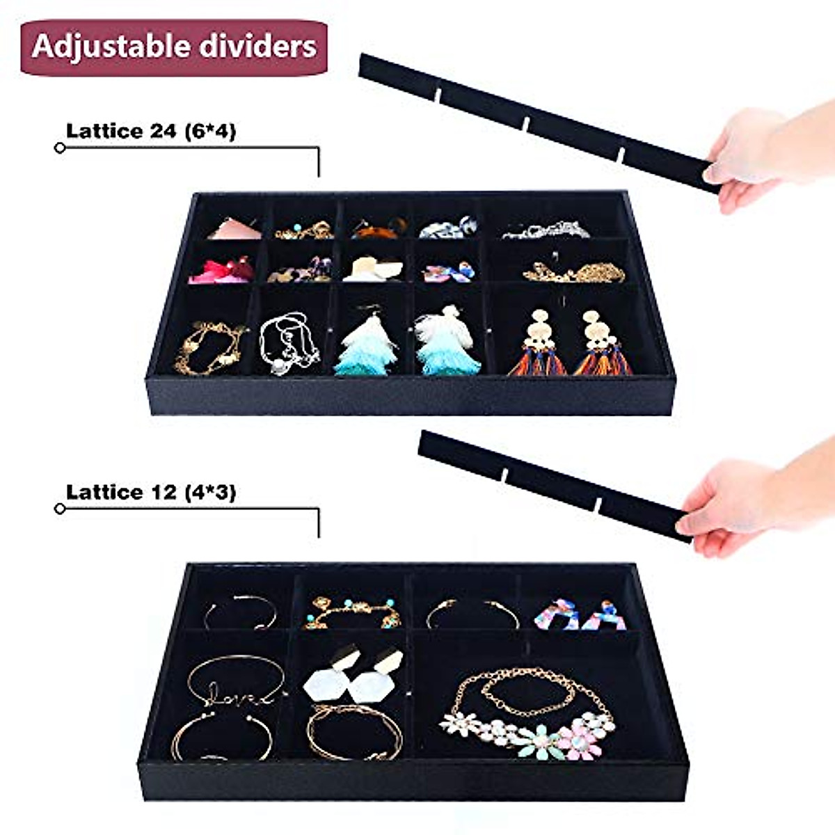 Mebbay Stackable Velvet Jewelry Trays Organizer, Jewelry Storage Display Trays with Full Artificial Leather Cover for Drawer, Earring Necklace Bracelet Ring Organizer, Set of 3 (Black)
