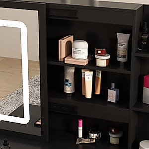 Homsee Vanity Desk Set Makeup Table with Large Sliding Lighted Mirror, Dressing Table with 5 Drawers, Storage Shelves & Cushioned Stool for Bedroom, Black