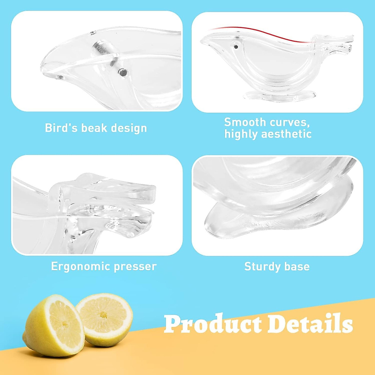 Manual Lemon Juicer, Acrylic Manual Lemon Slice Squeezer, Portable Transparent Fruit Juicer, Elegance Bird Shape, Hand Juicer for Orange Lemon Lime Pomegranate (2 Pack)