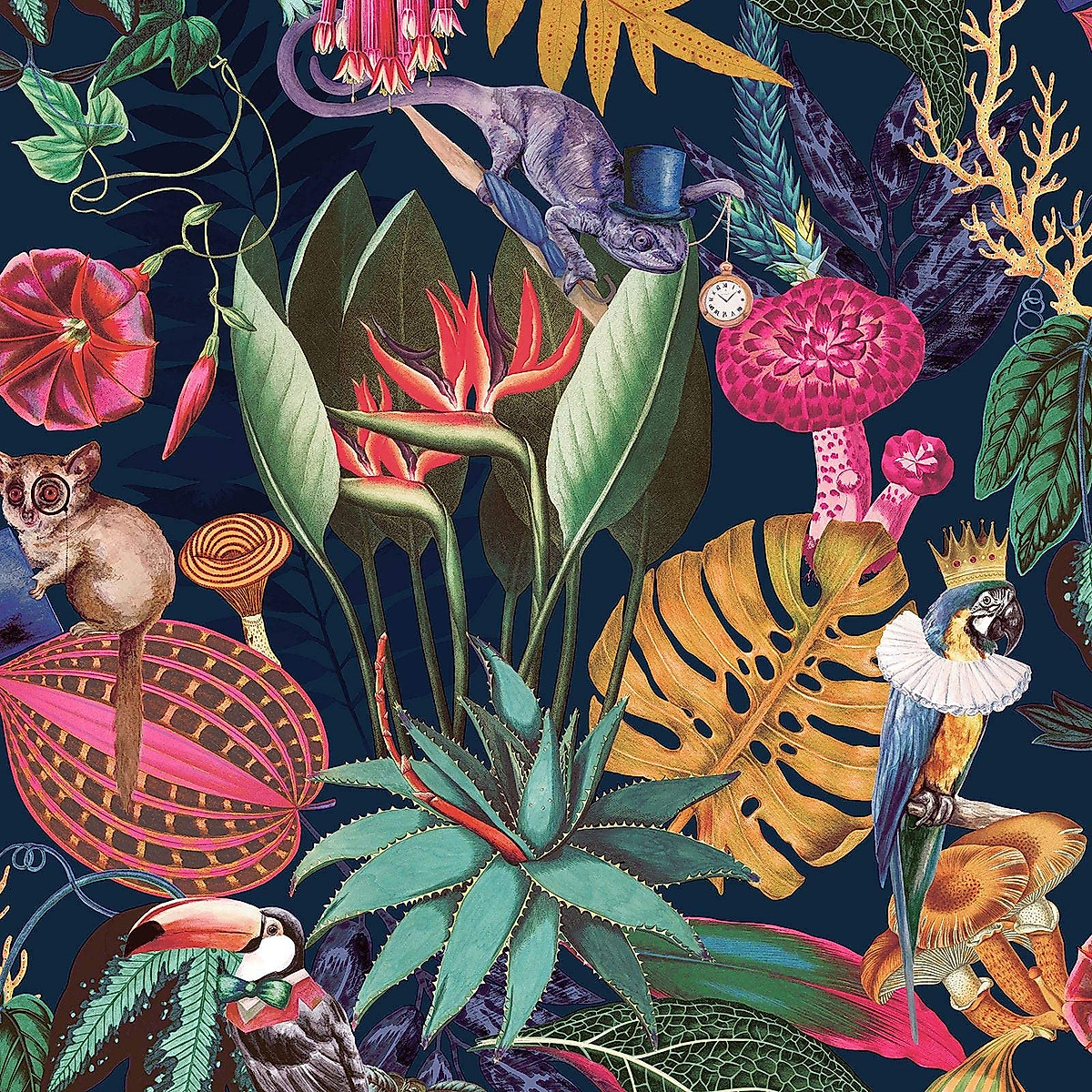 Wonderland Tropical Exotic Fantasy Themed Animal Plant Flower Printed Wallpaper Colourful Chameleon Toucan Tropical Foliage Flowers Navy Blue Holden WOW035