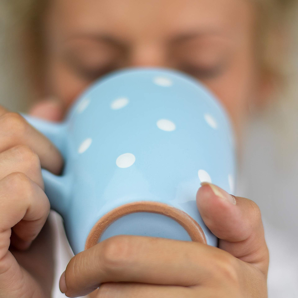 City to Cottage Handmade Light Sky Blue and White Polka Dot Ceramic 10oz/300ml Hot Chocolate, Coffee, Tea Mug, Cup with Large Handle, Unique Designer Pottery for Tea Lovers