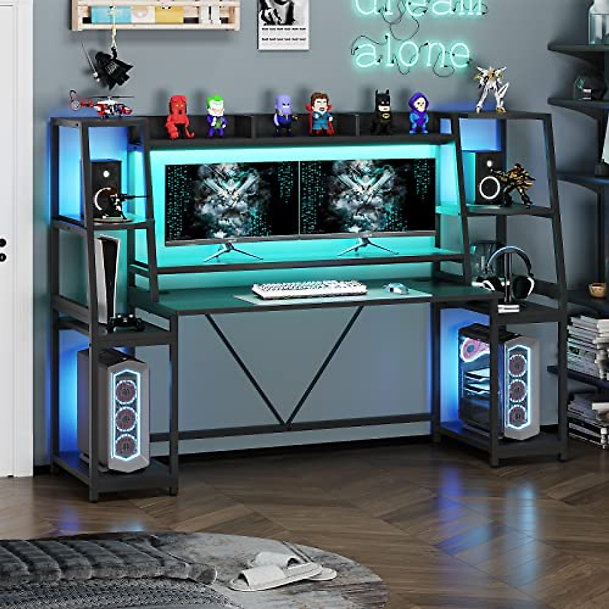 SEDETA Gaming Desk 78.8'' with LED Lights, Hutch and Storage Shelves, Computer Desk with Monitor Stand, Large PC Gamer Desk Workstation, Ergonomic Gaming Table for Bedroom, Living Room, Black