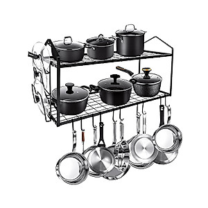 LADER 30Inch Wall Mounted Pot Rack, 2 Tiers Pots and Pans Organizer for Kitchen Organization & Storage, Large Size Black Hanging Pot rack, Wall Shelf with 5 connect Hooks