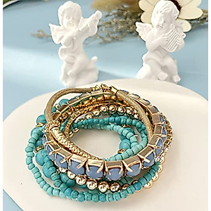WAINIS 6 Sets Bohemian Stackable Bead Bracelets for Women Multicolor Stretch Beaded Bracelets Layered Bead Adjustable Bracelet Turquoise Stretch Bracelets A