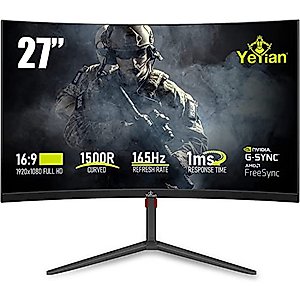 YEYIAN Sigurd 3001 27” Curved PC Gaming Frameless LED Multistand Monitor, 1080P HD, 165Hz, 1ms, 3000:1, 16:9, 178°, 16.7M Colors, G-Sync, FreeSync, DP/DVI/HDMI, Speaker, Tilt/Height/Pivot Adjustable