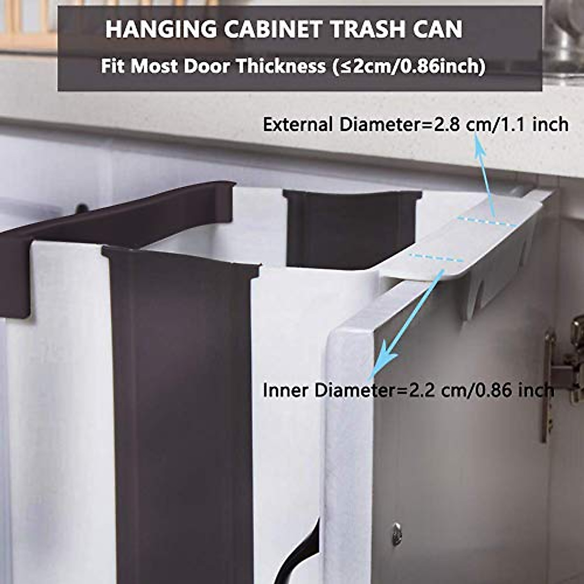 EGUANSHIZU Hanging Cabinet Door Trash Can, 2.4 Gallon Capacity, White, ABS and Silicone Material, Foldable for Easy Storage and Portable Use