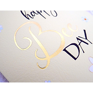 Birthday Card - Single Happy Bee Day Birthday Greeting Card For Bee Themed Party - Gold Foil Bees and Lettering on Yellow Textured Paper with Kraft Envelope - 5" x 7" - Blank Inside