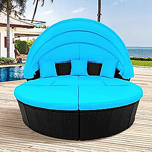 ATY Outdoor Rattan Round Daybed Sunbed with Retractable Canopy, All-Weather Wicker Furniture Sectional Sofa Set w/Washable Cushions for Backyard,Porch, Blue