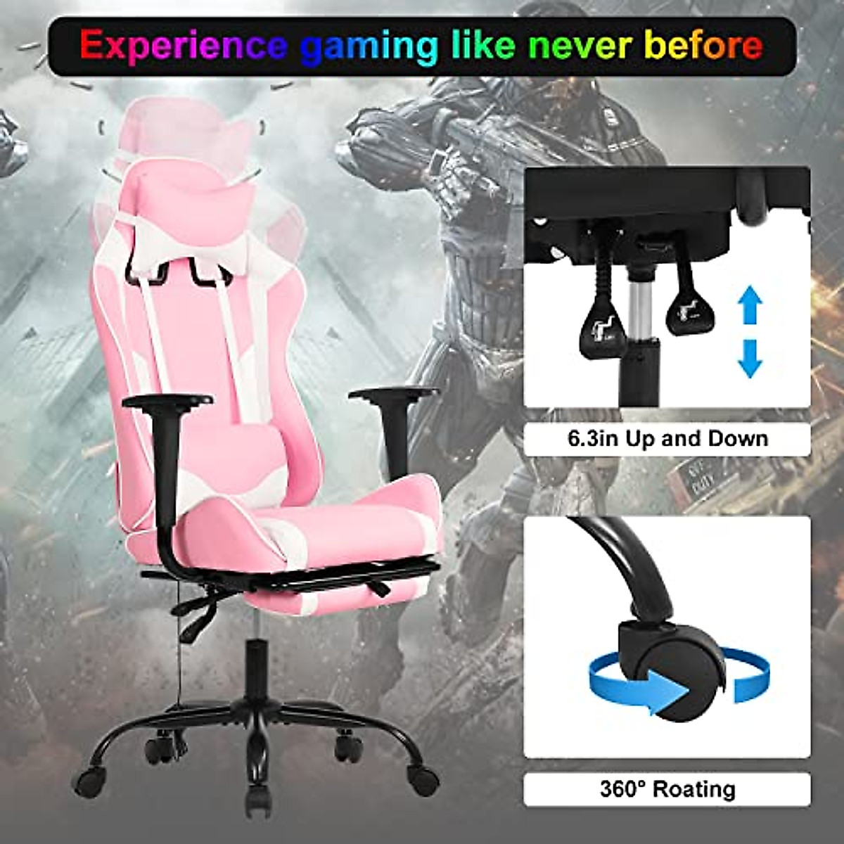 Gaming Chair Massage Office Chair PC Computer Chair Ergonomic Video Game Chairs PU Leather Recliner with Lumbar Support Headrest Armrest Footrest Rolling Swivel Desk Chair for Adults Teen, Pink