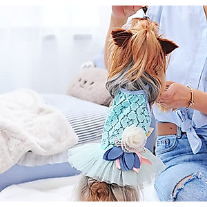 MSNFOASM 2Pack Dog Sweetie Flower Mesh Dress,Dog Lace Tutu Skirt Wedding Dress for Small Girl Dogs Cats（Pink&Green M）