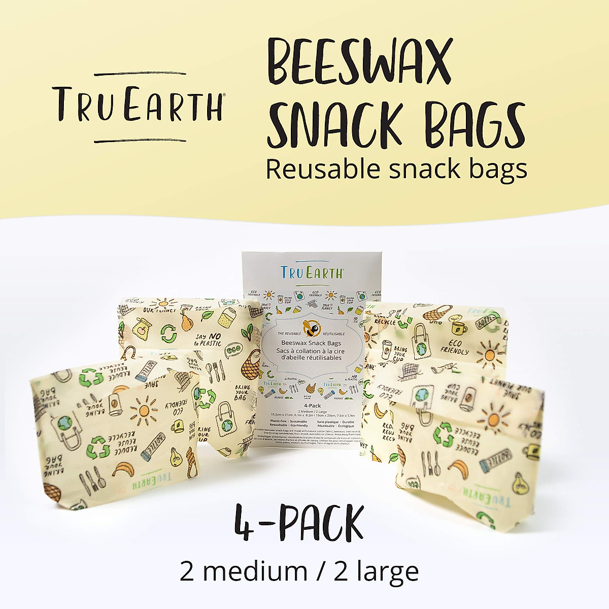 Tru Earth Beeswax Snack Bags | Reusable | Zero-Waste Beeswax | Contains 2 Medium & 2 Large Bags