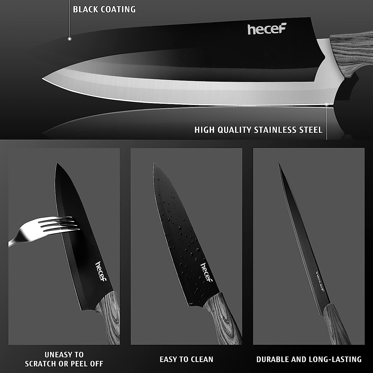 hecef 5 PCS Non-stick Coated Kitchen Knife Set with PP Handle and Protective Sheath, Exclusive Black Chef knife set, Scratch Resistance & Rust Proof (Wood Grain)