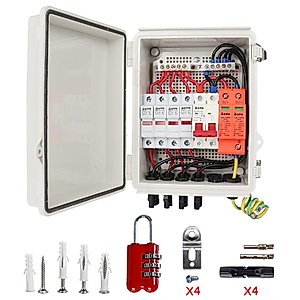 BAYM IP65 4 in 1 Out 15A 4 String Solar PV Array Plastic DC Combiner Box,4Pair Solar Connectors, Lightning Surge Protection, 63A 6ka MCB Lock Indicator,Waterproof Ventilation Valve