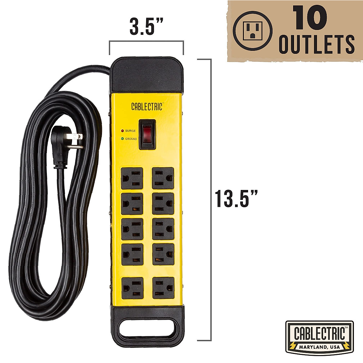 10 Outlet Heavy Duty Surge Protector Power Strip - Industrial Black and Yellow Metal Surge Protector with 15 Foot Extension Cord | Cablectric is an American Owned Brand