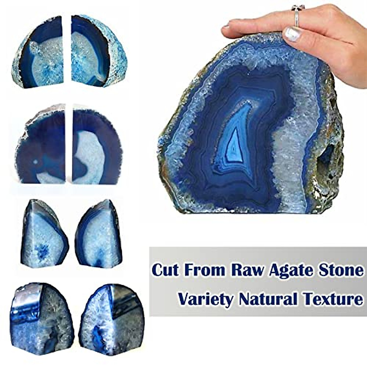 Yougoals Blue Agate Bookends for Shelves, Geode Crystal Book Ends for Heavy Books, Stone Decor with Rubber Bumpers 1 Pair 3-3.8LBS Home Decorative Unique
