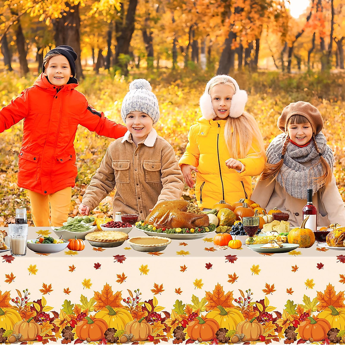 2 Pcs Thanksgiving Tablecloth Plastic - Disposable Fall Table Cloths, Autumn Rectangle Pumpkin Maple Leaf Table Cover for Happy Thanksgiving Day Table Decorations Party Supplies Favors, 54x108 Inch