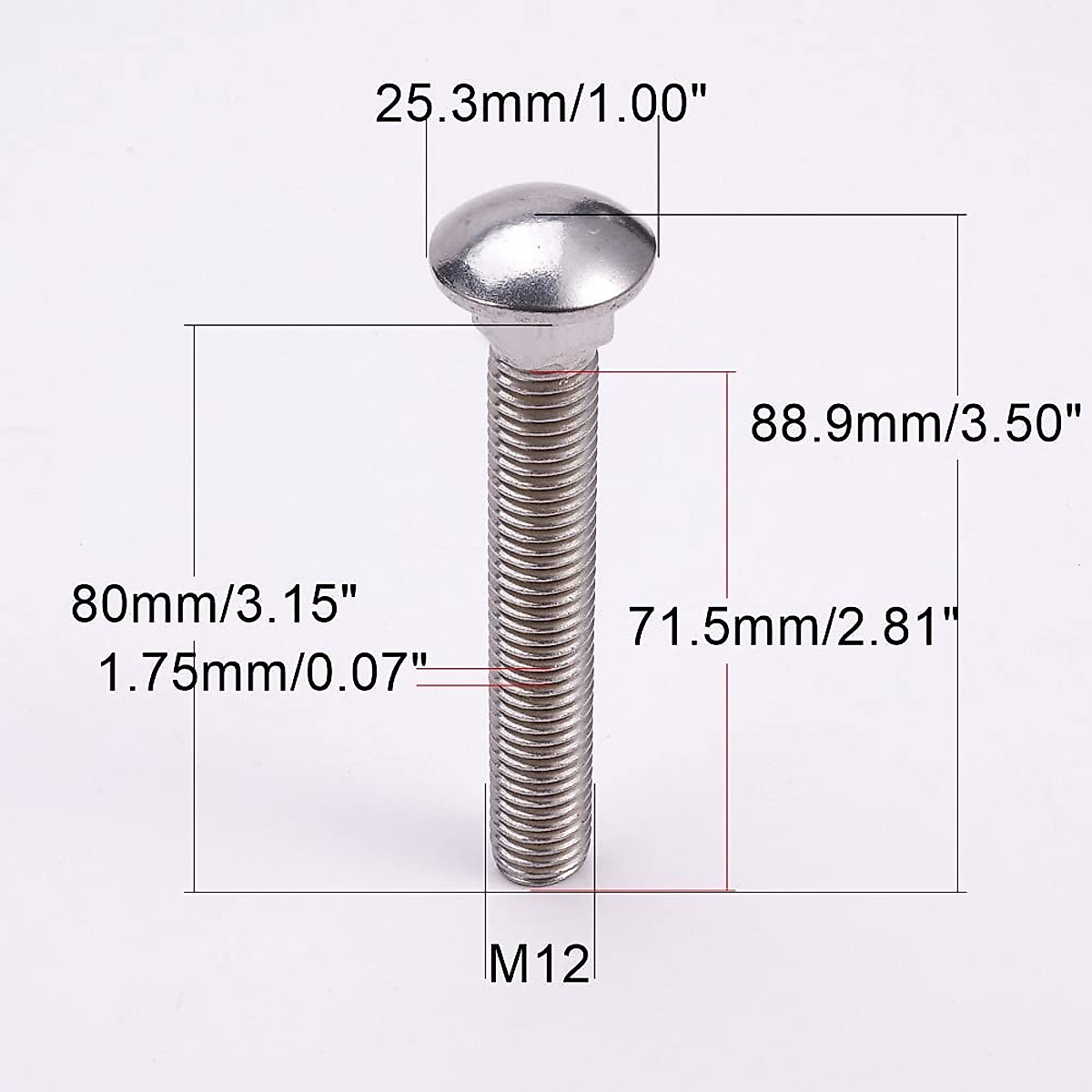 Yinpecly 5Pcs M12×80mm 1.75mm Pitch Length 304 Stainless Steel Round Domed Head Square Neck Carriage Bolts Silver Tone