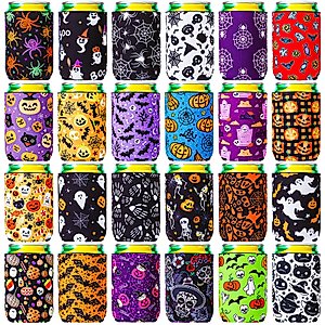 Zhehao 24 Pieces Halloween Can Cooler Sleeves 12 oz Can Sleeves Pumpkin Cat Spider Skull Insulated Colorful Funny Beer Can Cooler for Bottle Drink Party Beverage Decoration (Spider)