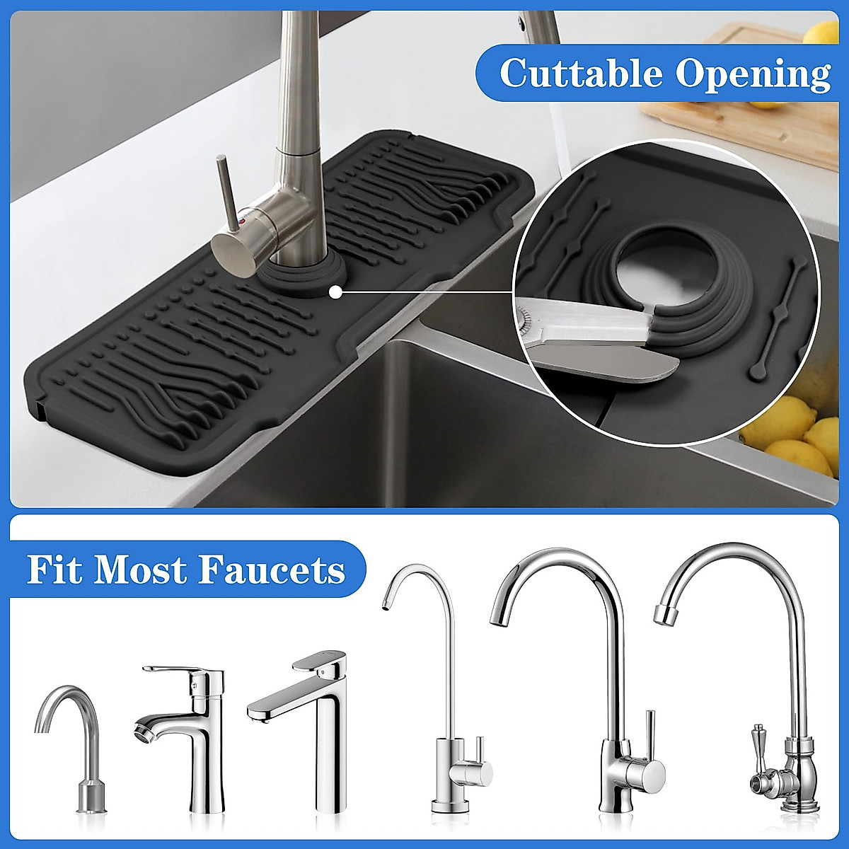 Sink Faucet Mat Splash Guard, 5° Slope Silicone Faucet Draining Mat for Kitchen Sink, 17" x 6" Cuttable Faucet Water Catcher Mat-Multipurpose Splash Guard for Kitchen Sink Area & Bathroom Countertop