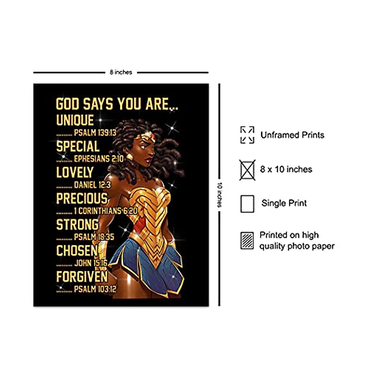 African American Woman - African American Wall Art for Girls - God Says You Are - Christian Wall Decor - Bible Verses - Black Wall Art - Religious Gifts for Women - Inspirational Motivational Unframed