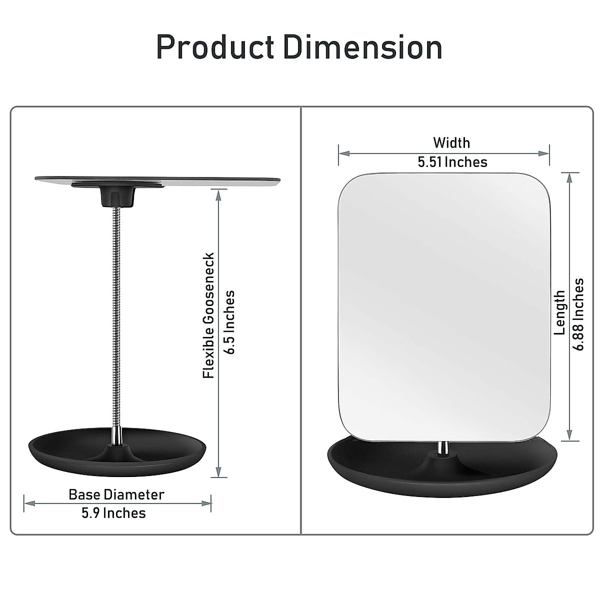 LFOYOU Table Vanity Mirror with Stand - Makeup Mirror for Desk - Adjustable Flexible Gooseneck, 360°Rotation Folding Portable Bathroom Shaving Cosmetic Mirror Square