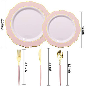 WDF 30Guest Pink Plastic Plates & Gold Plastic Silverware With Pink Handle-Baroque Pink &Gold Plastic Dinnerware for Upscale Wedding &Parties, Mother's Day