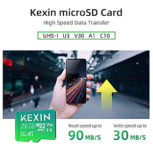 KEXIN 256GB Micro SD Card U3 SDXC Up to 90MB/s High Speed Memory Card with Adapter, C10, U3, V30, Full HD, 4K UHD, A1, Micro SD Card 256 GB