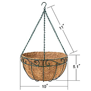 Amagabeli 4 Pack Hanging Plant Planter Baskets 10 Inch with Coco Coir Liner Round Metal Wire Plant Holder with Chain Porch Decor Flower Pots Hanger Garden Decoration Indoor Outdoor Green BG401