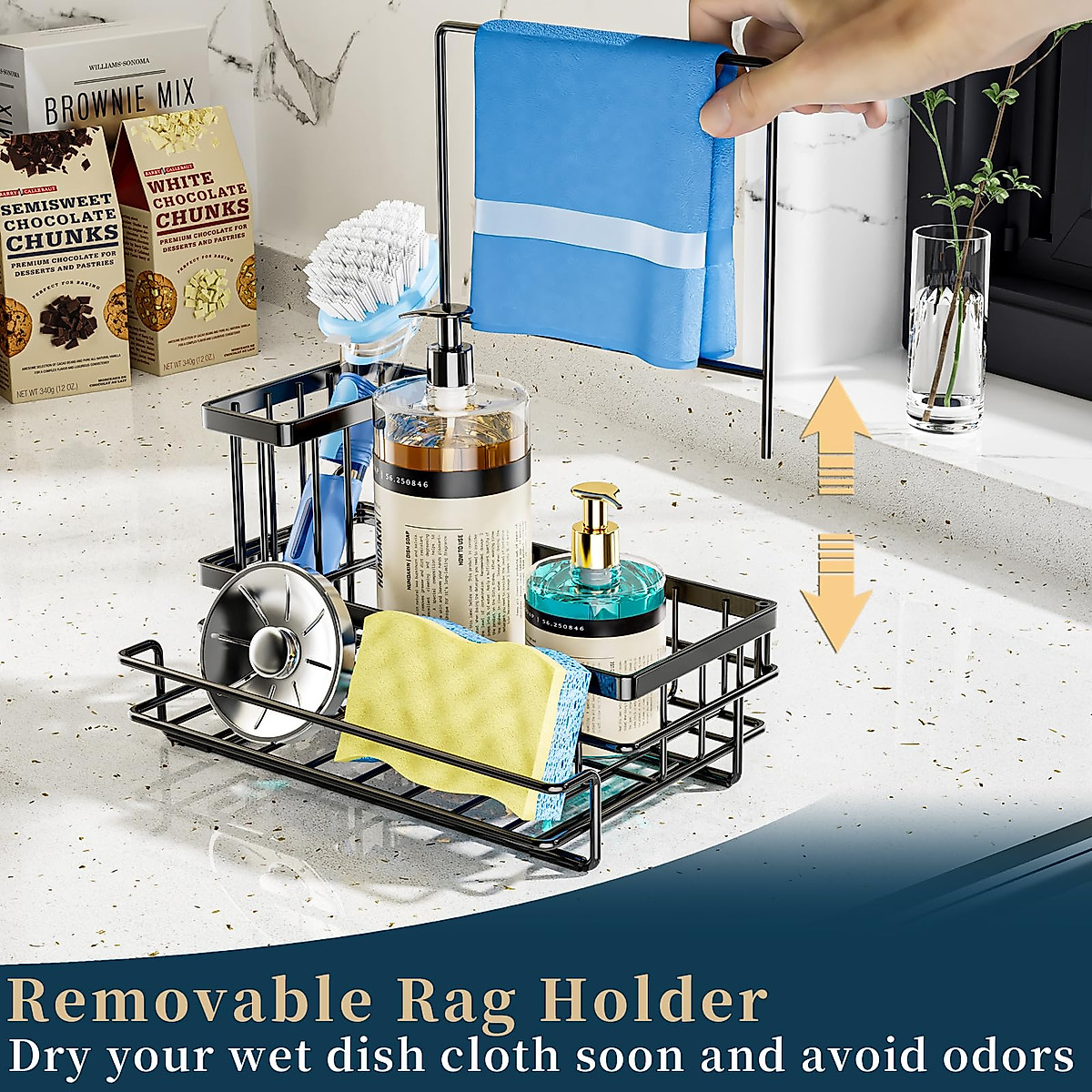 Consumest Sink Caddy Kitchen Sink Organizer, Sponge Holder for Kitchen Sink with Dish Brush +Dishcloth Holder, Stainless Steel Dish Soap Holder Countertop with Drain Tray for Sink Accessories, Black