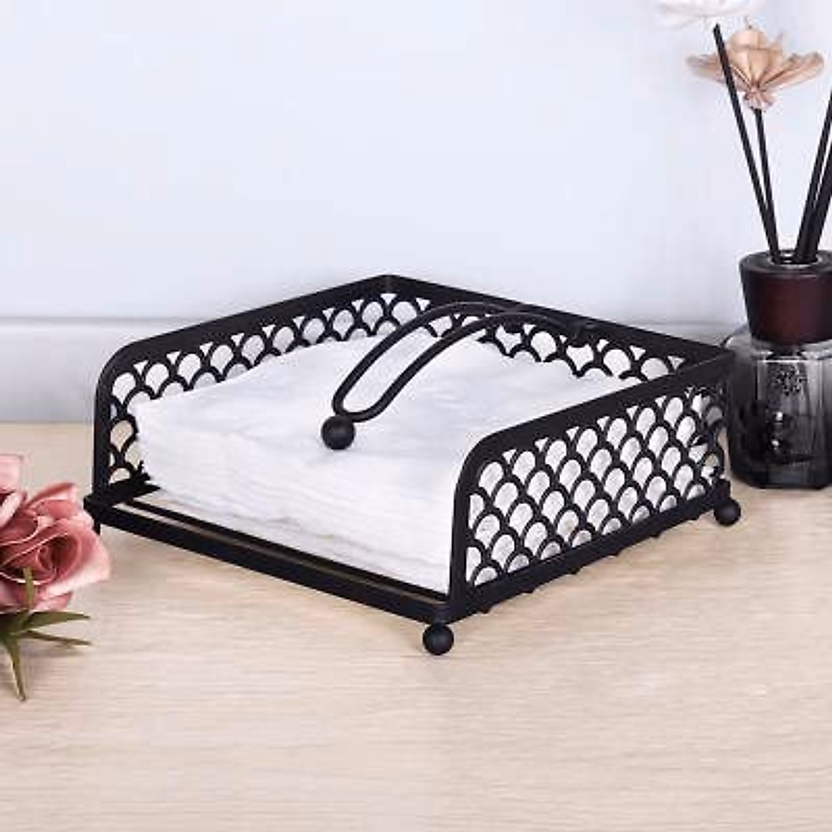 Elegant Flat Paper Napkin Holder with Dispenser Arm - Napkin Holders for Table, Kitchen, Countertops & Outdoor Tables - Square Metal Lattice Basket Dinner Napkin Holder -Napkins Dispenser (Black)