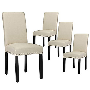 LSSBOUGHT Upholstered Dining Chairs with Solid Wood Legs and Nailed Trim Set of 4 (Beige)