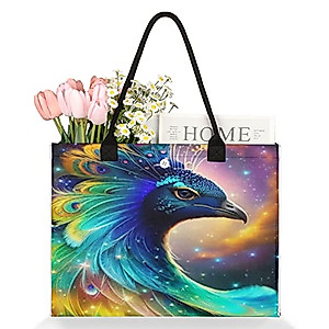 cfpolar Colorful Peacock Reusable Grocery Shopping Bag with Hard Bottom, HHQQQQ Large Foldable Multipurpose Heavy Duty Tote with Zipper Pockets, Sustainable, Durable and Eco Friendly, Beach Bag