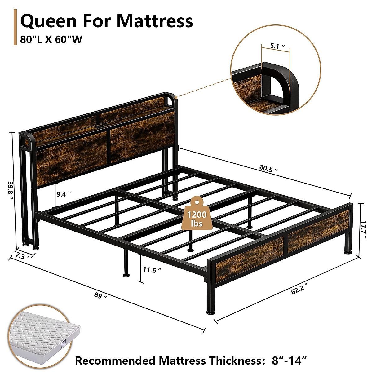 AnikSunny Queen Size Bed Frame - Metal Platform Bed Frame with Wood Storage Headboard Charging Station,Heavy Duty Bedframe, No Box Spring Needed,Solid and Easy Assembly,Rustic Brown