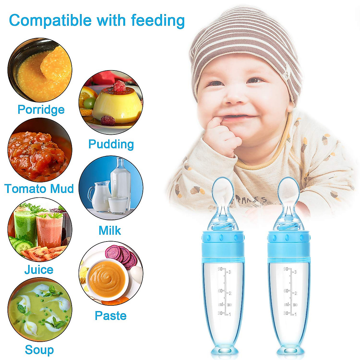 2 Pieces Silicone Baby Spoons Baby Feeding Spoon with Standing Base for Infant 0-24 Months Dispensing and Feeding (Blue)
