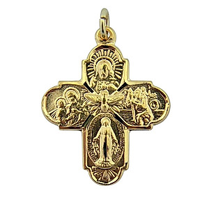 HMHInc 14K Gold Plate Overlay Sterling Silver 4-Way Miraculous Scapular Medal Pendant, 1 1/16 Inch