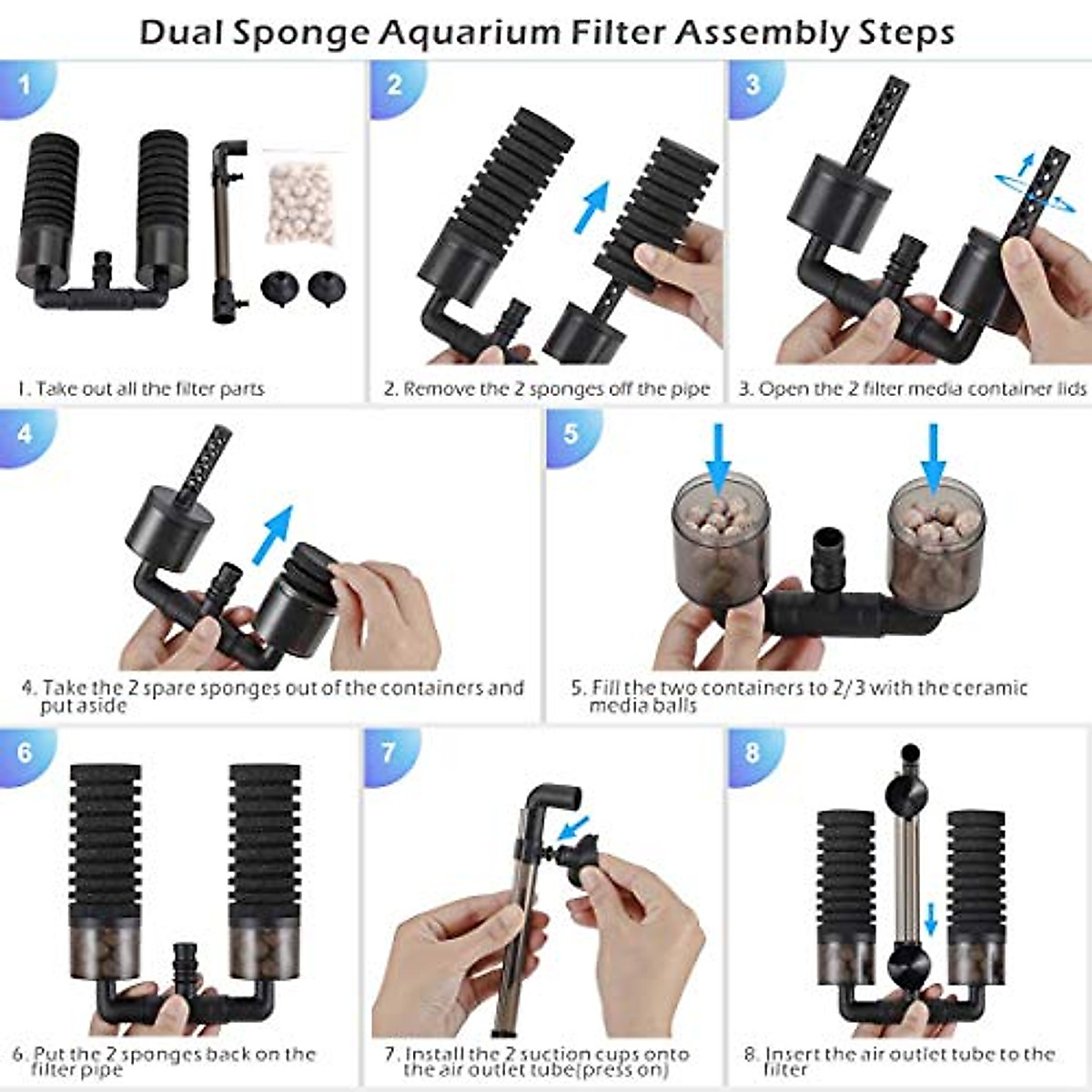 hygger Sponge Filter, Aquarium Filter Double Sponge Replaceable Media with 4 Biochemical Sponges and 1 Bag of Filtered Ceramic Balls Ultra Quiet Filter Fish Tank (S/M) (M for 15 to 55 Gallon Tank)