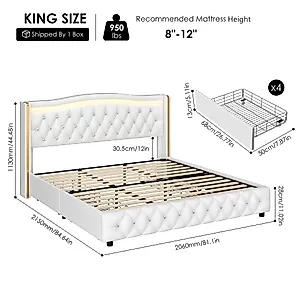 HIFIT King Smart LED Platform Bed Frame with 4 Storage Drawers, Crystal Button-Tufted & Stainless Gold Trim Wingback Headboard, Modern PU Upholstered White Bed Frame No Box Spring Needed/Easy Assembly