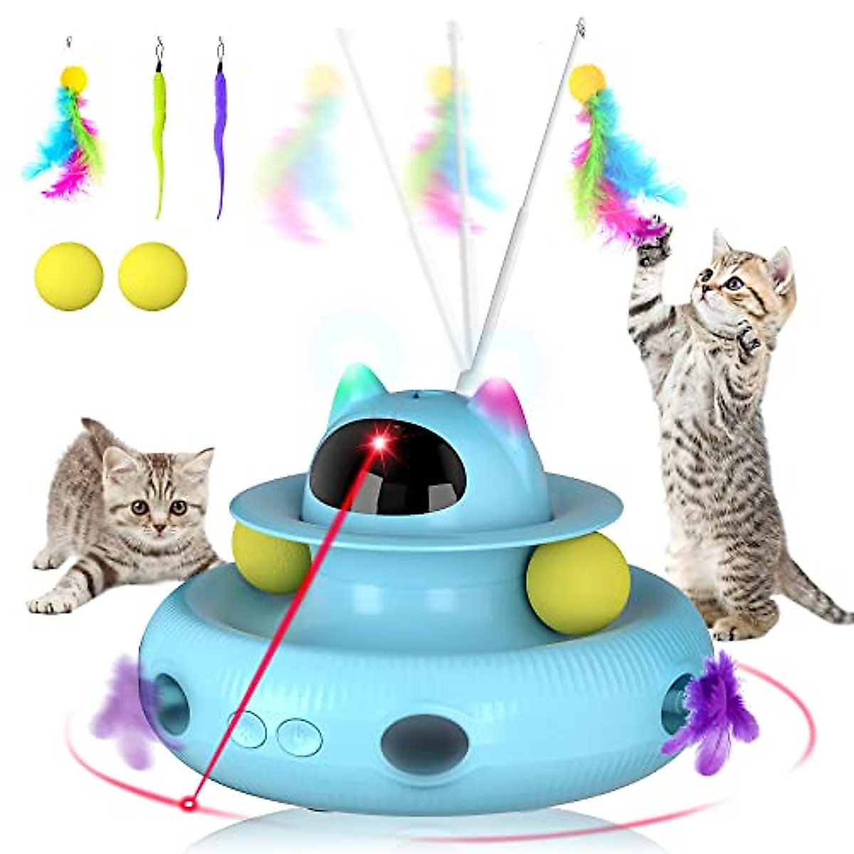 UPSKY 4-in-1 Interactive Electronic Toy for Indoor Kitten, 2023 Upgrade Automatic Pointer Feather Wand Toy, and Cat Roller Toy Relieves Anxiety & Boredom