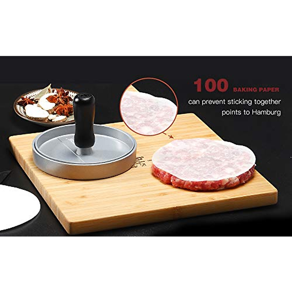 OVOS Burger Press Hamburger Press Patty Maker Non-Stick Aluminum Patty Press with 100 Free Patty Papers BPA Free