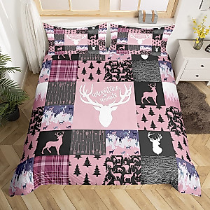 Erosebridal Farmhouse Moose Duvet Cover for Kids Boys Girls,Pink Deer Sketch Bedding Set,Rustic Elk Comforter Cover Twin,Woodland Animal Bed Sets with 1 Pillow Sham Lodge Bedroom Decor